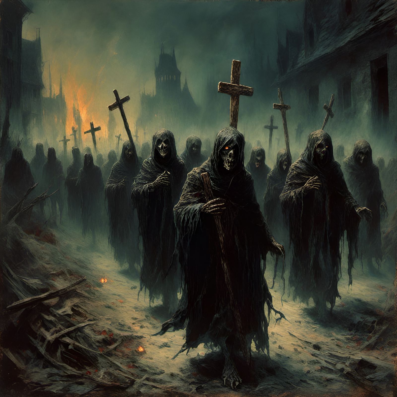 the rotting zombie priests in black hoods marching one after the other ...