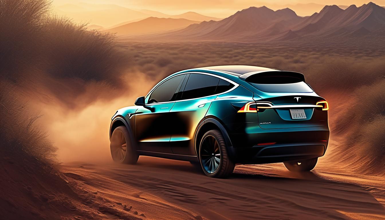 a Tesla Model Y on an off road dirt trail, kicking up dust, cinematic ...