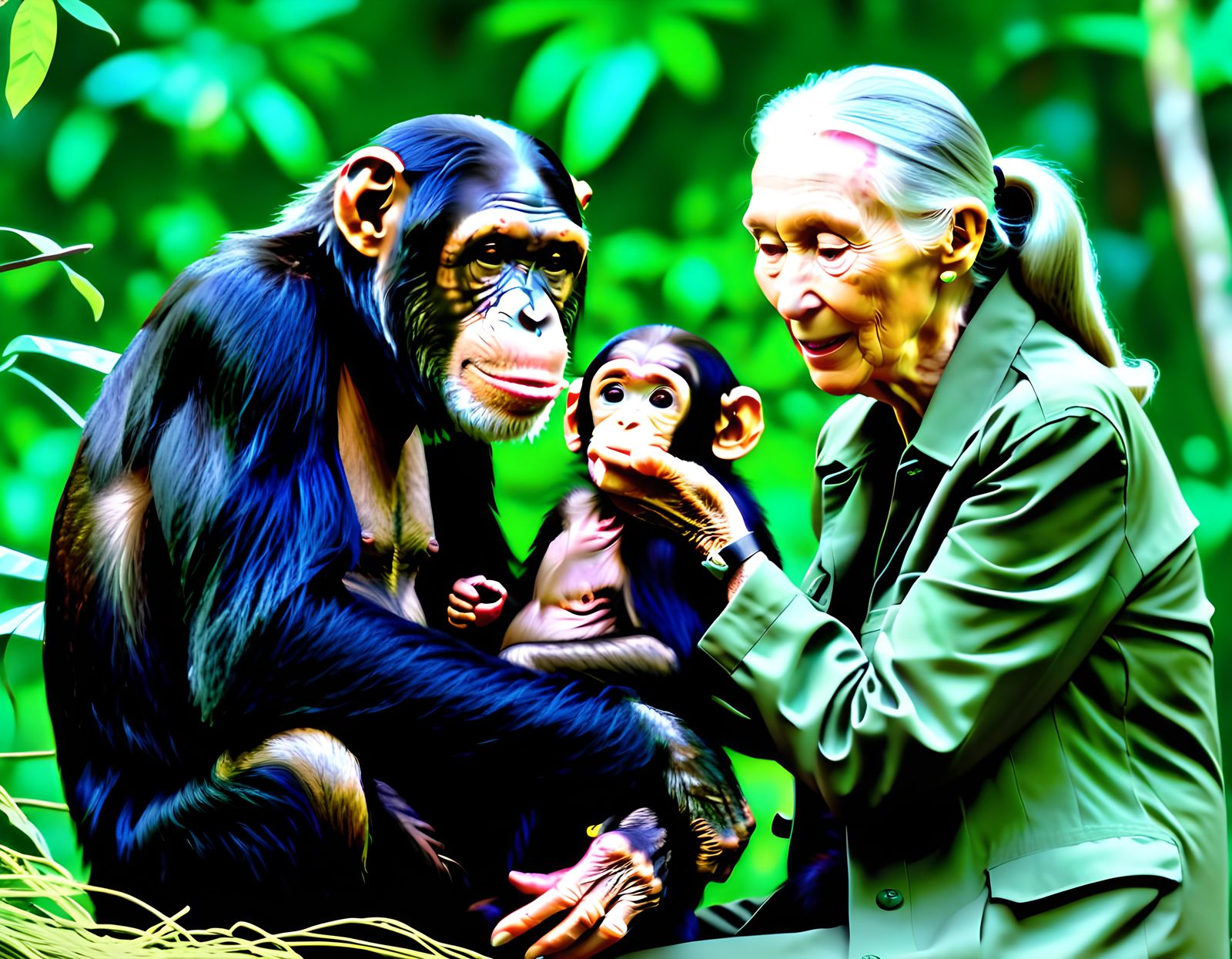 Jane Goodall Sits with Chimpanzee Baby at Play in the Jungle - AI ...
