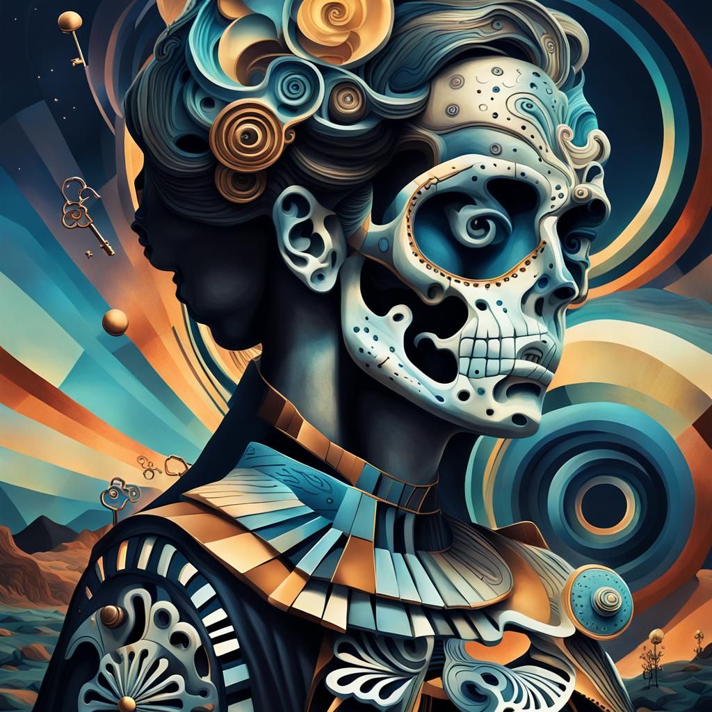 a surreal digital art piece depicting keys floating in a dreamlike ...