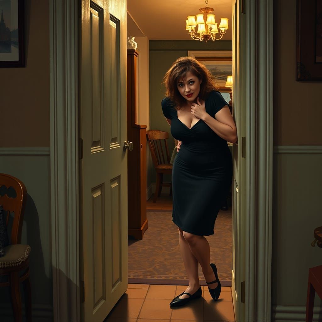 Inebriated Woman in Black Dress, Blue Eyes, Bright... - AI Art