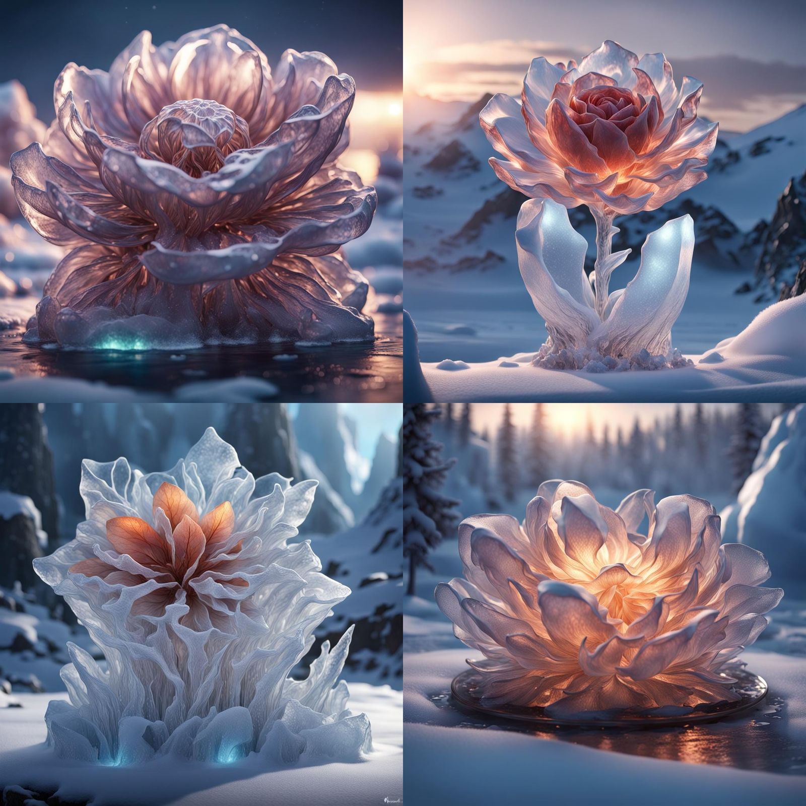 Illustrate an ice sculpture that mimics the delicate petals of a flower ...