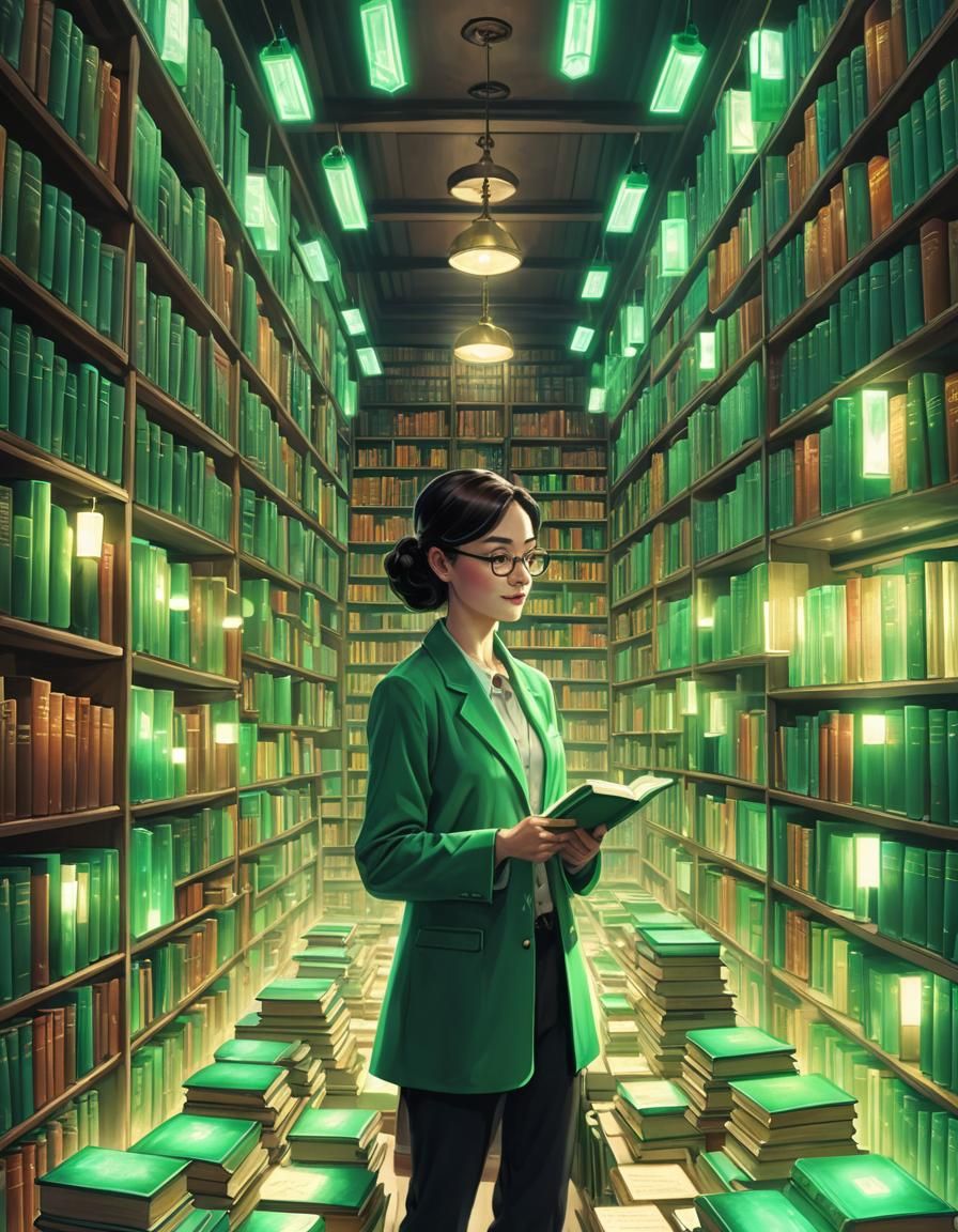 librarian lady in hall full of luminous jade colored books - AI Generated Artwork - NightCafe ...
