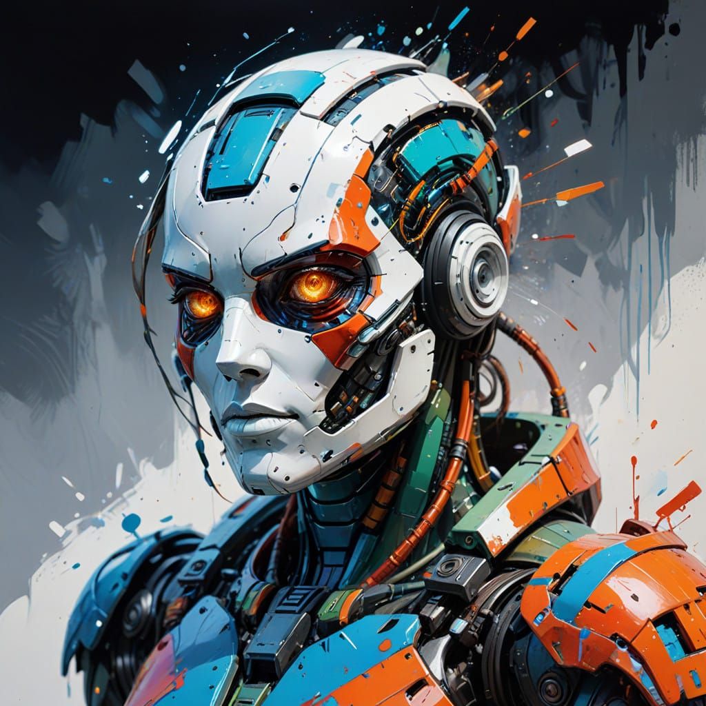 Futuristic Cyborg Robot - Cyborg Robot in Vibrant, Fragmente...