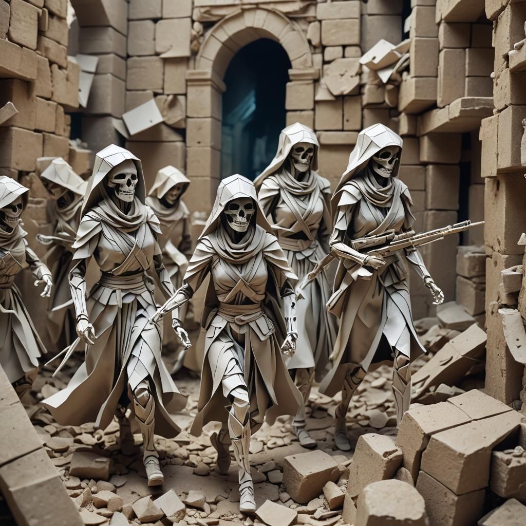 Spectral women with skeletal faces pursuing soldiers through the ruins ...