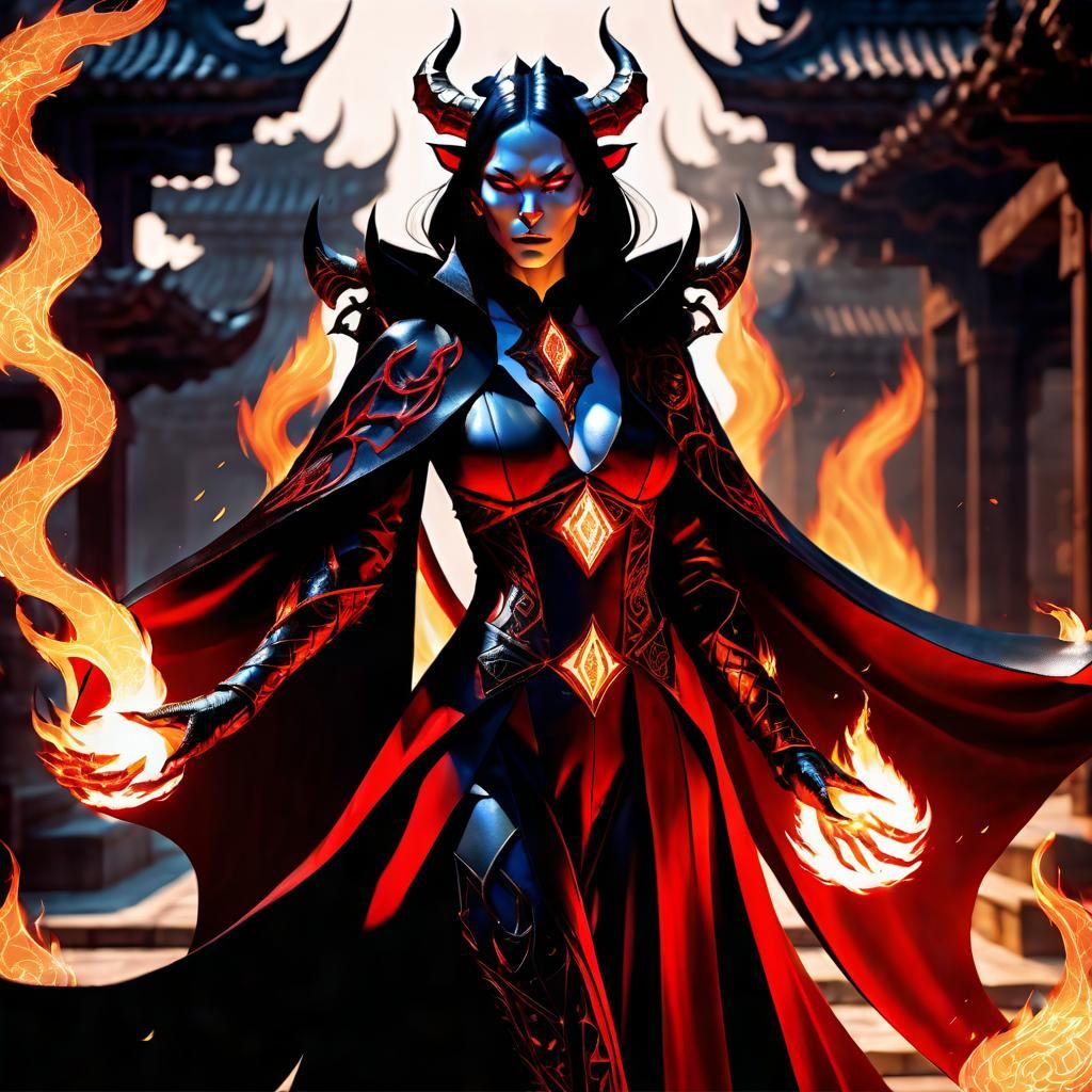 as a gorgeous female demon wearing a cloak made of fire, shiney aura ...