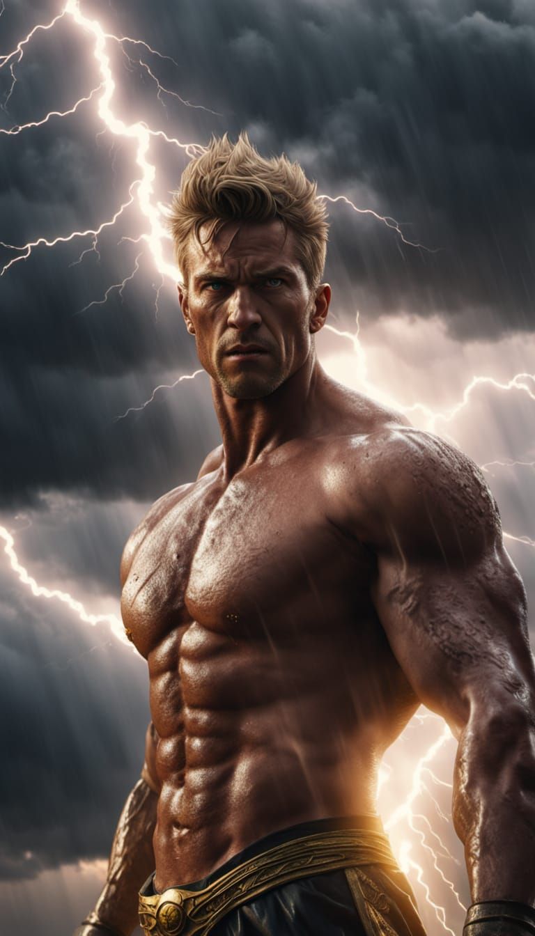 A muscular god with glowing white eyes and silver hair walks through a ...