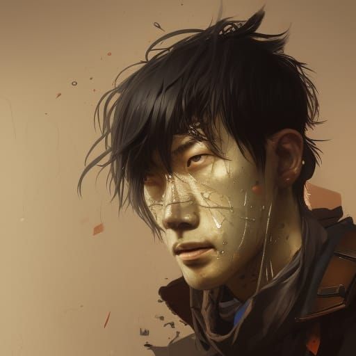 an exhausted-looking young Japanese man, in battered and broken Samurai ...