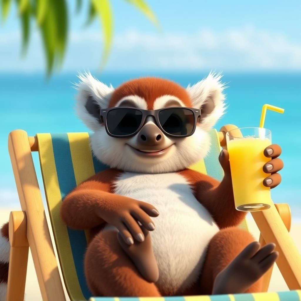 Lemur Lounging on Beach Chair in 3D Animation - AI Art