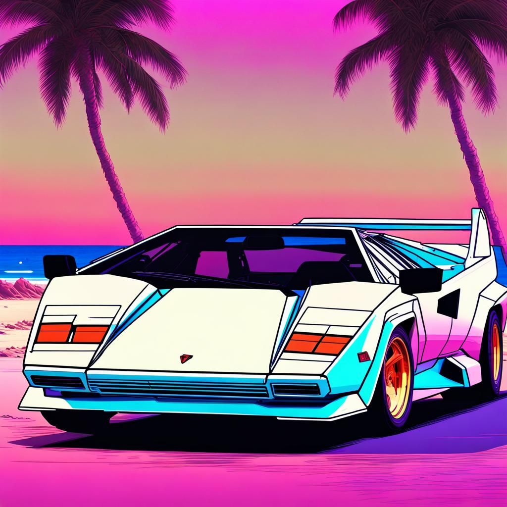 80s Lamborghini Countach racing along Florida beach, in the style of ...