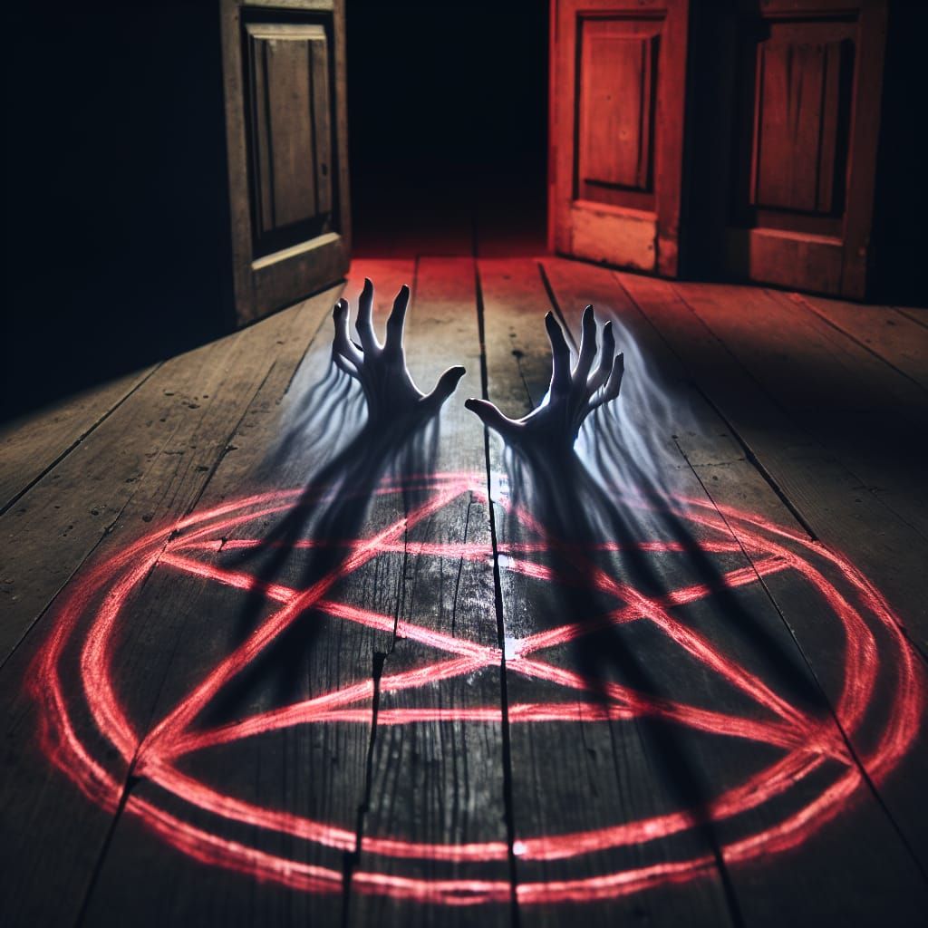 Ghost Hands, reaching up thru a hard wood floor, from a drawn red ...