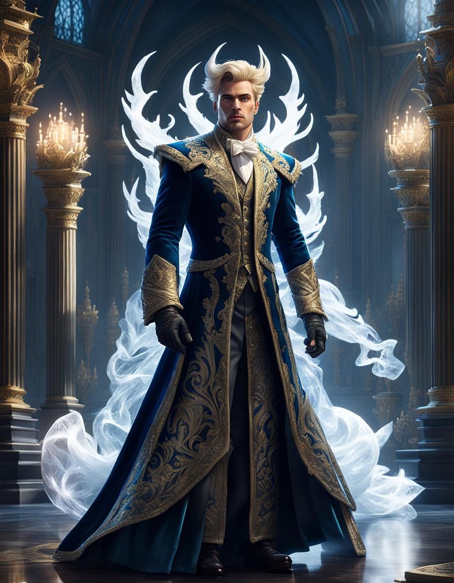 Realistic in full height art of a young aristocrat with ice horns and ...