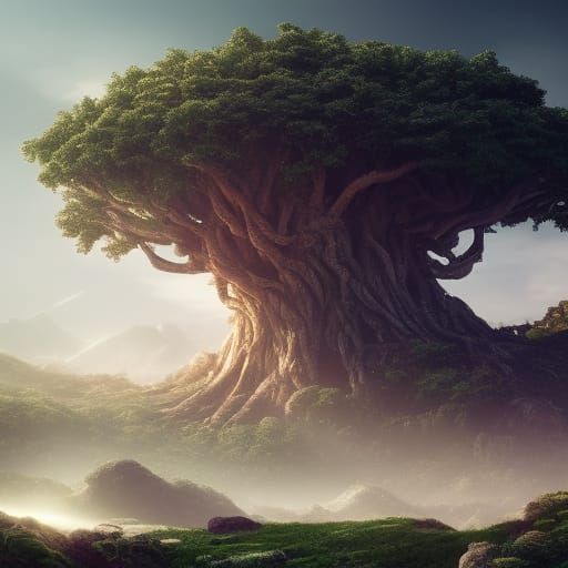 full body pose, hyperrealistic photograph of the world tree, dim ...