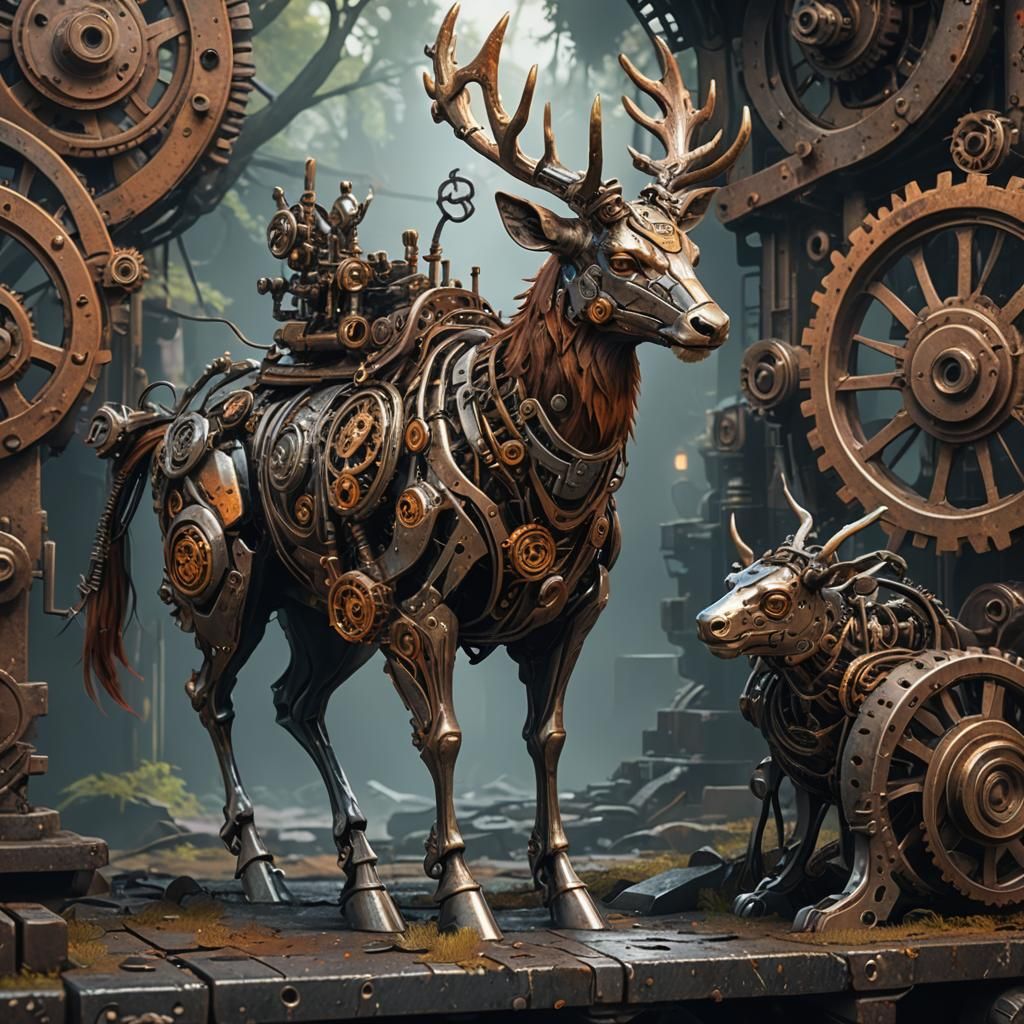 (Kirin) silver cyborg ancient worn rust gears deer - AI Generated ...