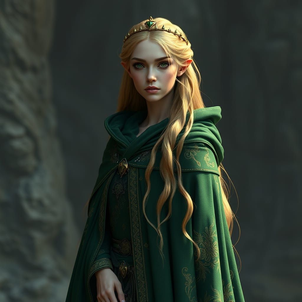 Ethereal Queen Athel Radh in Regal Green Cloak wit... - AI Art