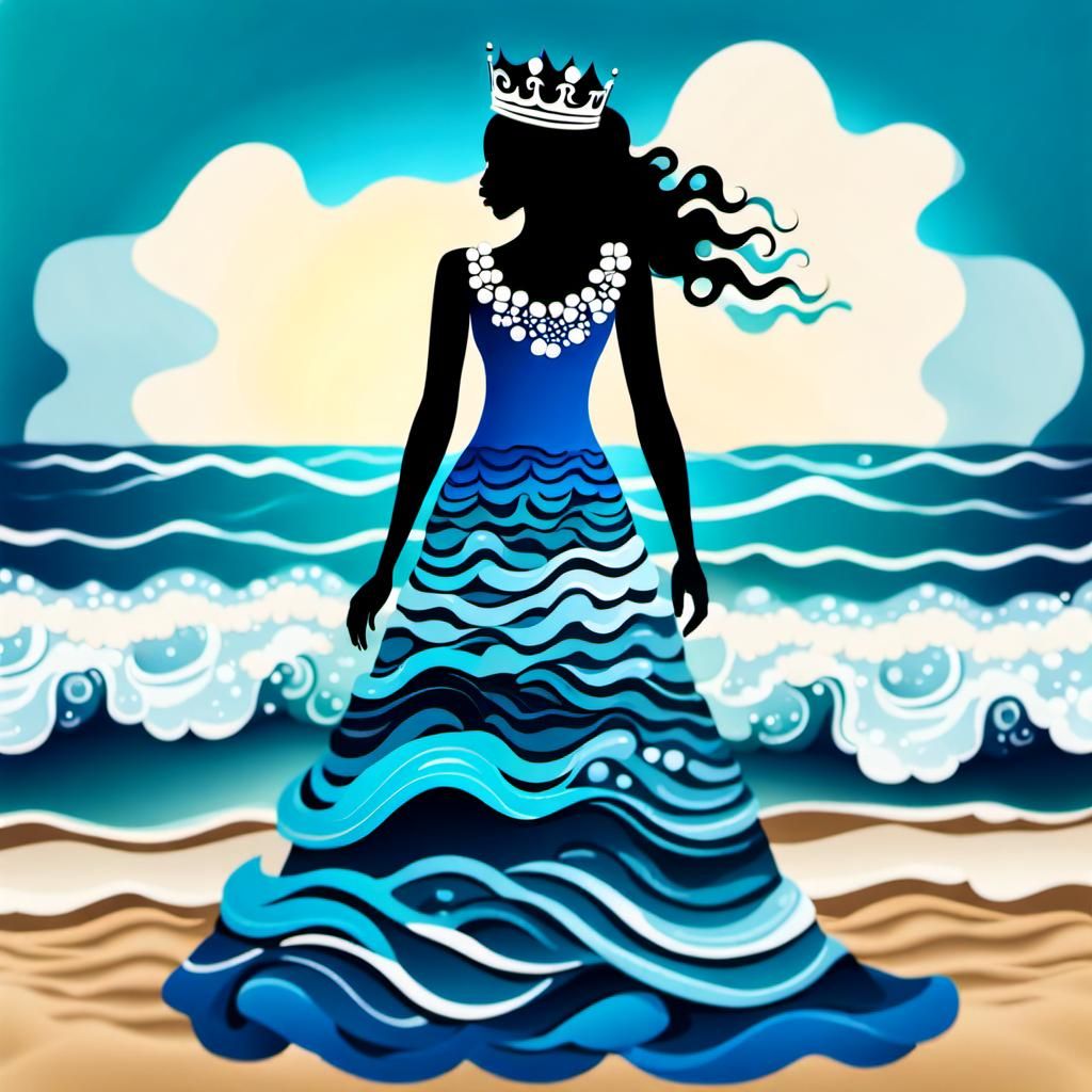 African American lady standing on the beach. Waves of Caribbean blue ...