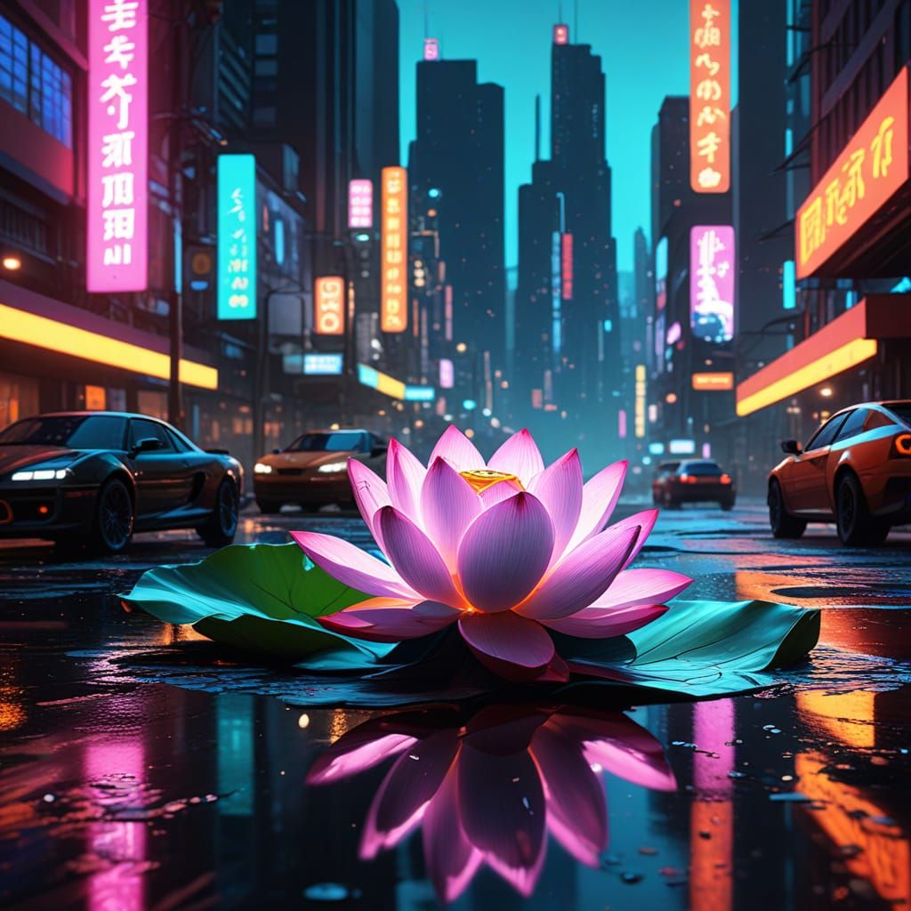 Ethereal Lotus Blooms in Neon Cyberpunk Metropolis - AI Art