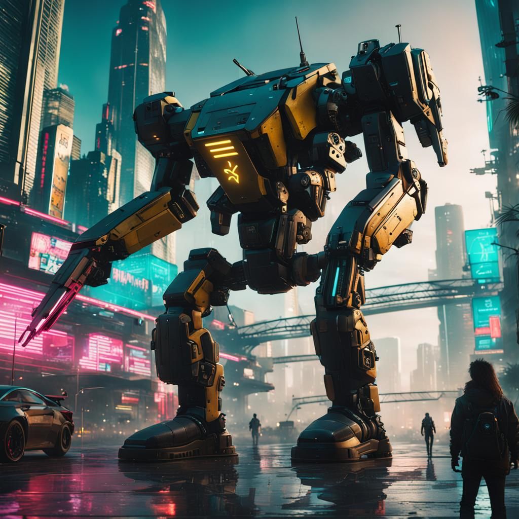 Cyberpunk mech in a city - AI Generated Artwork - NightCafe Creator