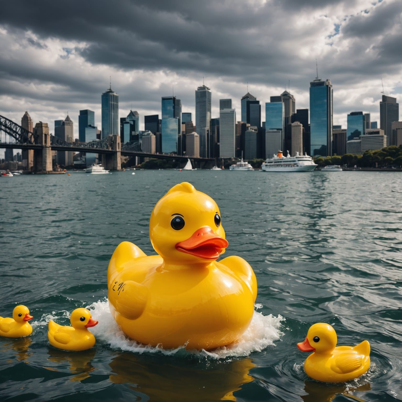 Cyberpunk Rubber Duck Wrecks Sydney Harbor - AI Art