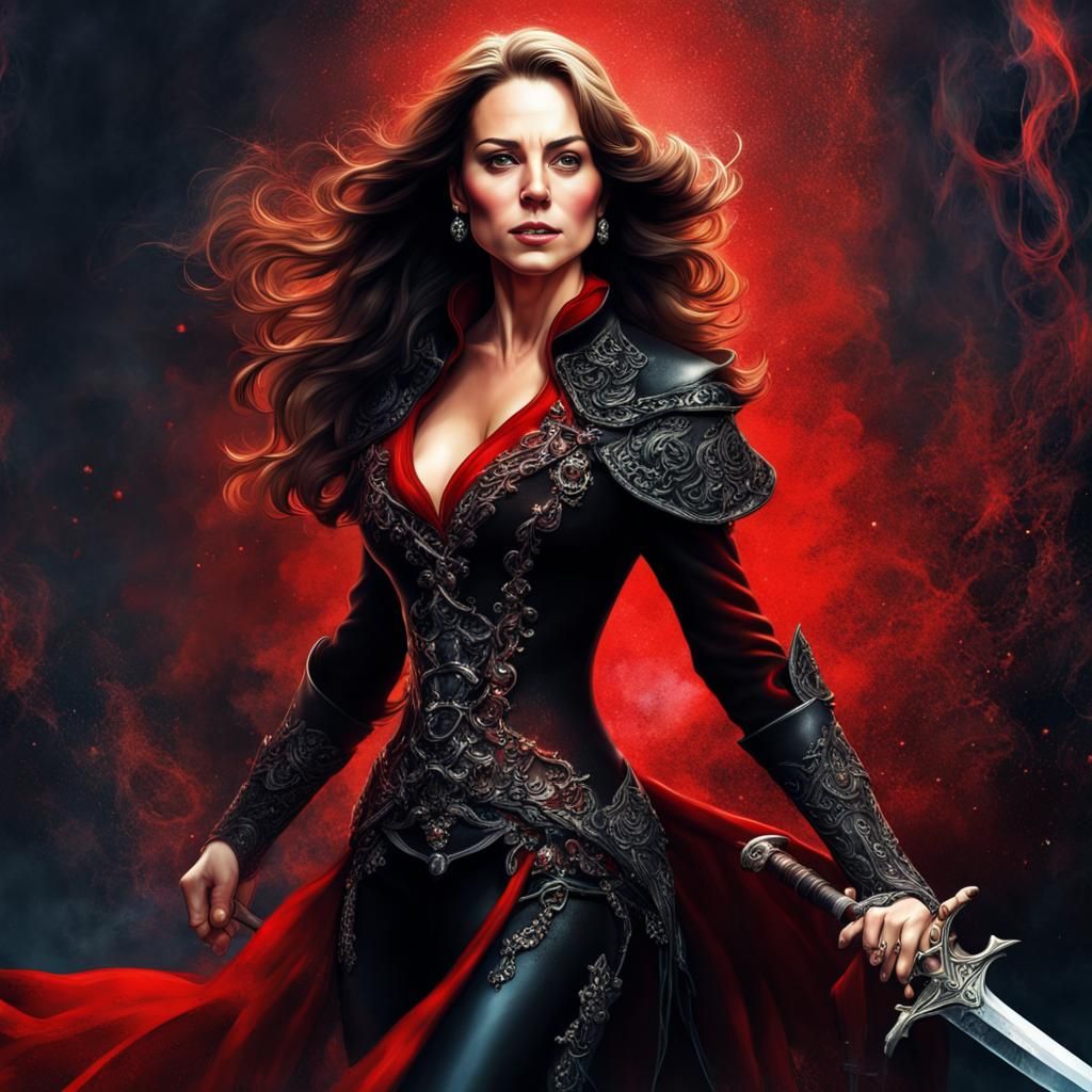 beautiful Kate Middleton , alluring, black and red clothes, leather ...