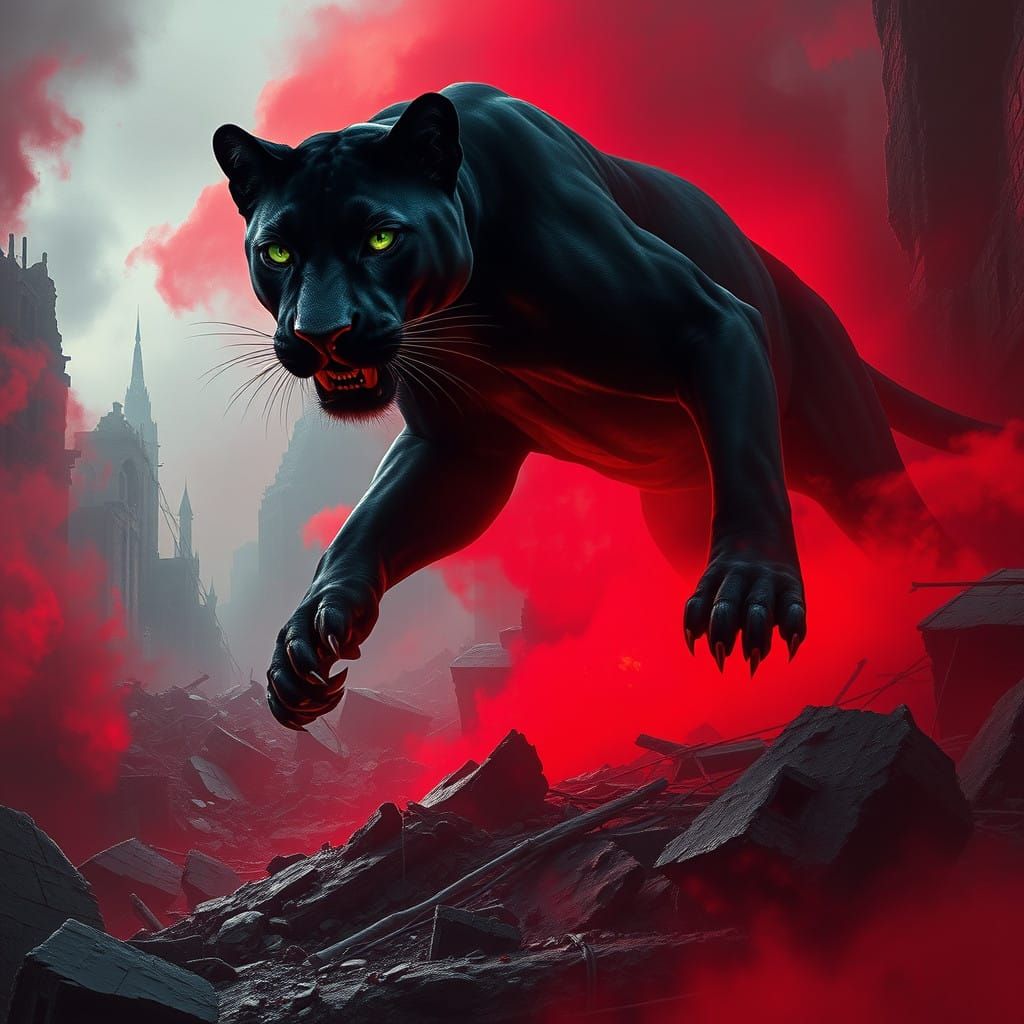 Surreal Panther Emerges from Crimson Mist in Ruine... - AI Art
