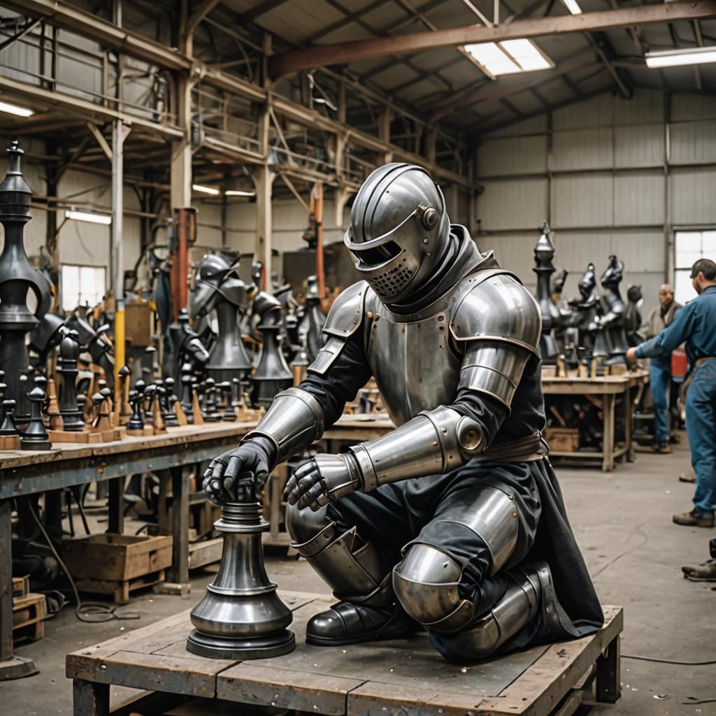 A welder building an experimental life size chess piece knight, in a ...