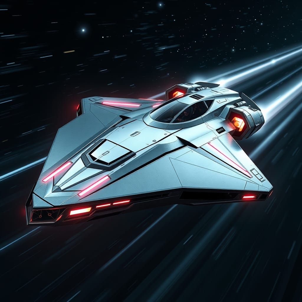 A silver-hulled spacecraft with sharp, angular lines and geometric ...