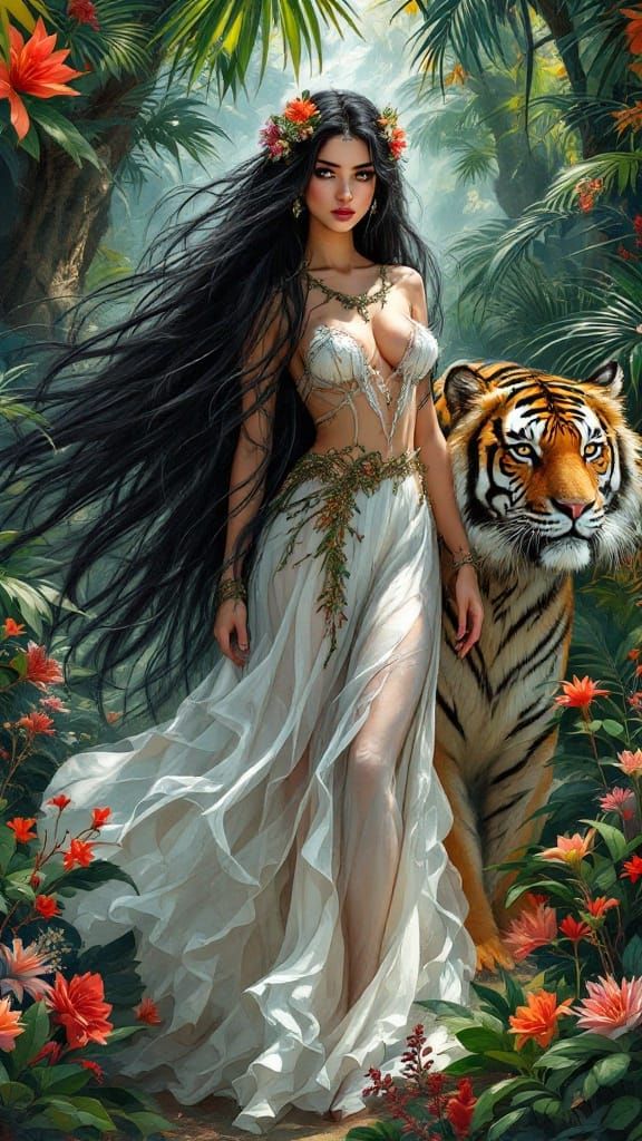 Dschungel Frau jung sehr lange schwarze Haare mit Tiger Fantasie