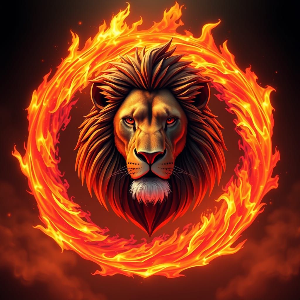 Lion's Head in Fiery Halo, Stylized Low-Poly Art - AI Art