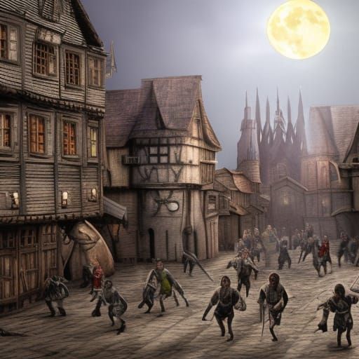Medieval town during a Luna eclipse, werewolves run through the streets ...