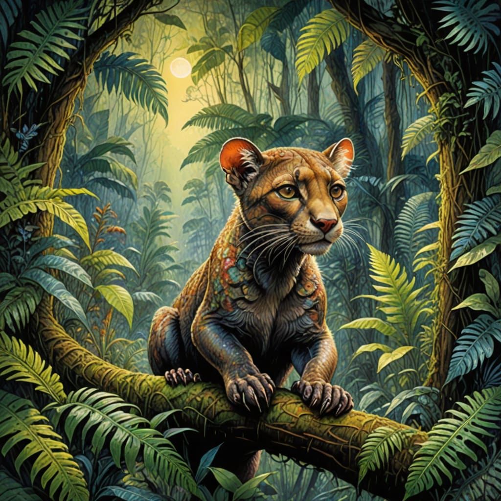 Moonlit Fossa in Exotic Rainforest, Fine-Tuned Wat... - AI Art