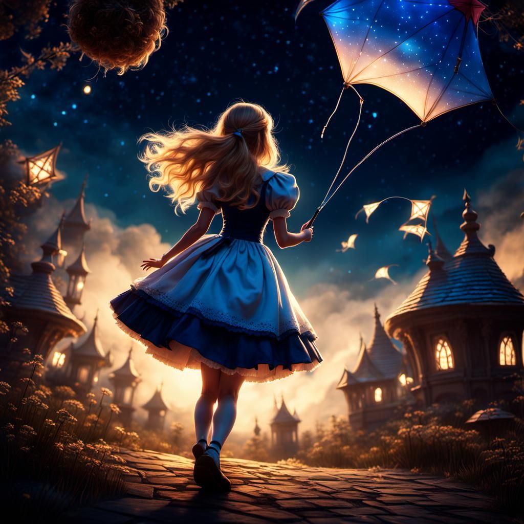 back shot of beautiful alice from alice in wonderland under a starry ...