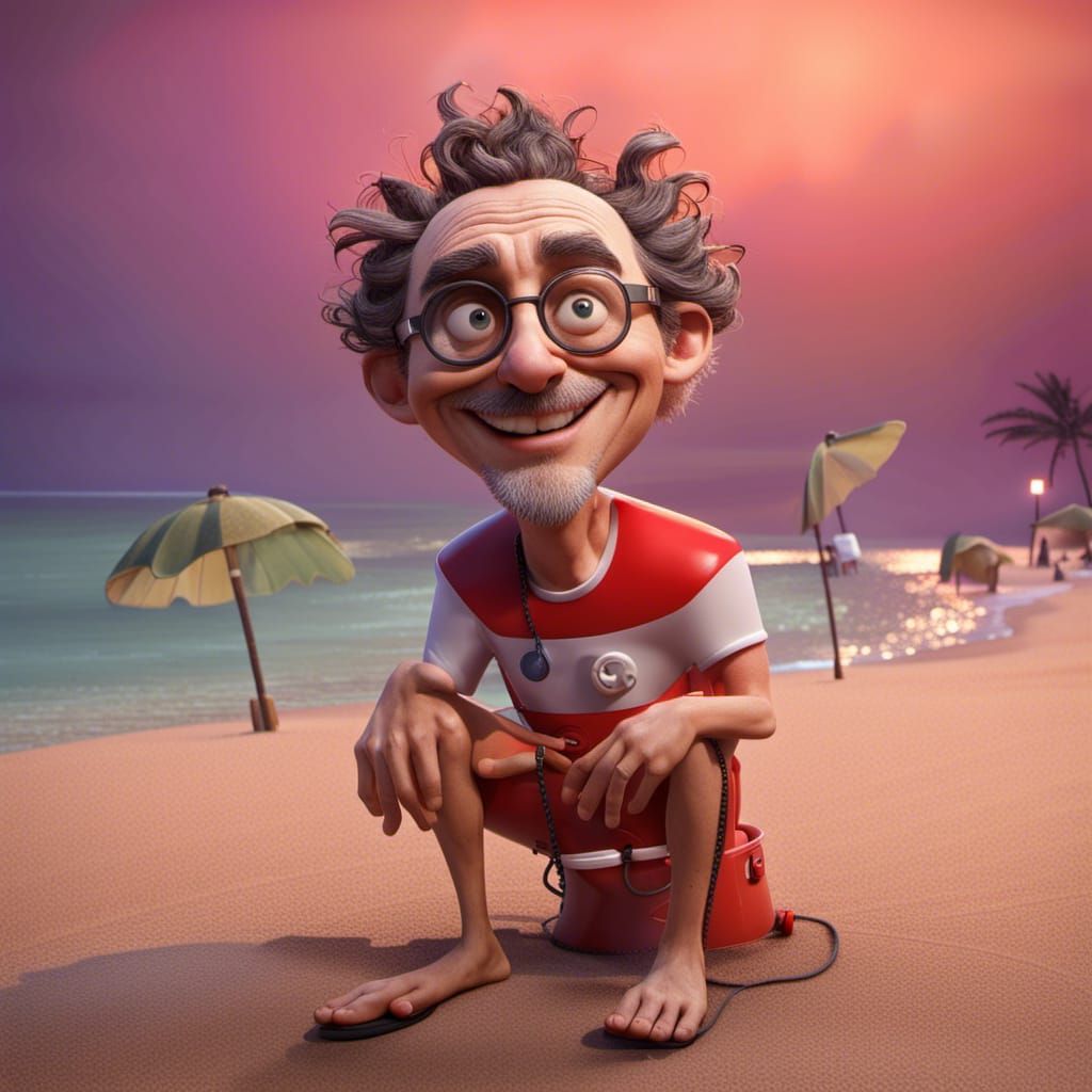 Tim Burton is a lifeguard on a beach, he grins, photography DSLR ...