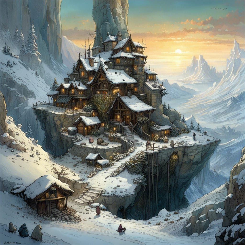 "intricate mountain hobbit house landscape in winter!! Atlantis in the ...