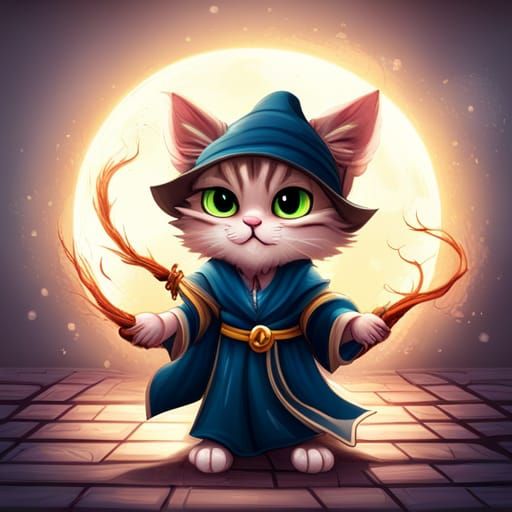 the shot of an adorable chibi wizard cat making a spell, gorgeous eyes ...
