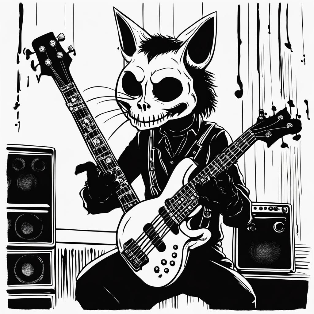 retro style drawing of a misfits band cat playing a bass guitar and ...