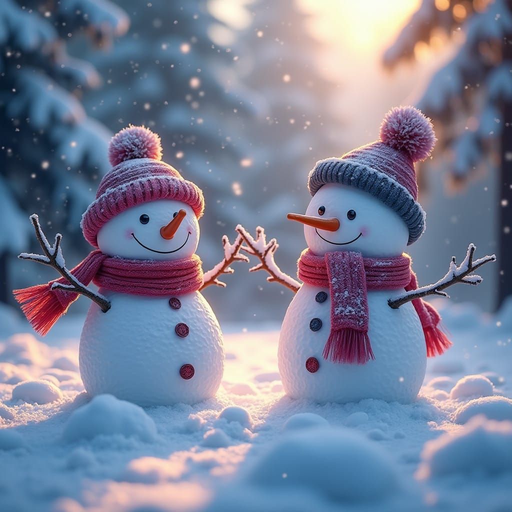 Snowmen having fun in the snow. - Vibrant Snowmen in Winter...