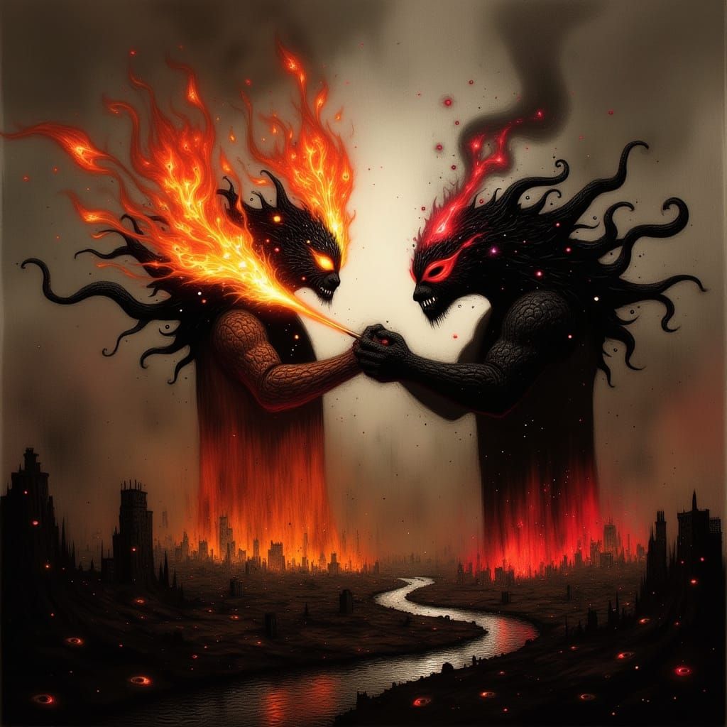 Epic Dark Fantasy Battle Scene with Twisted Flames... - AI Art
