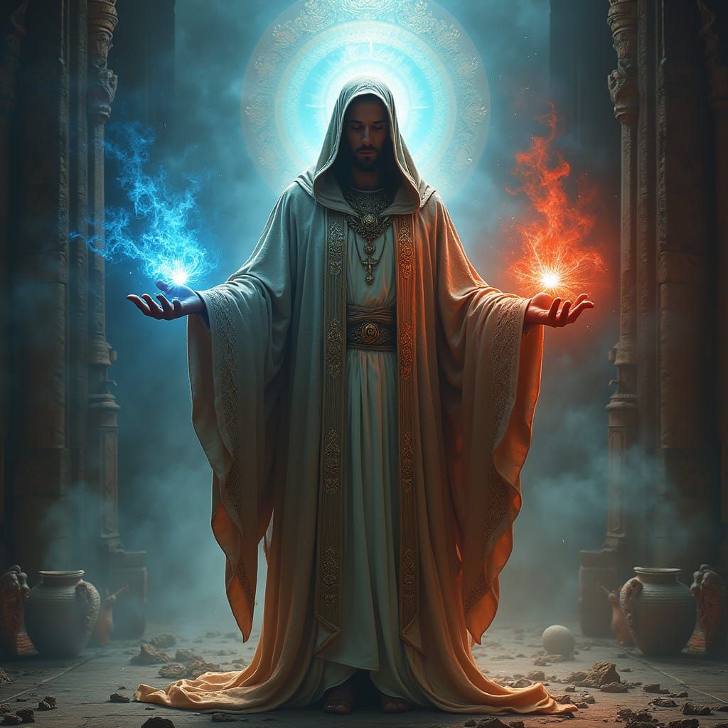 Jesus, shrouded in a hooded cloak, stands at the threshold of a ...