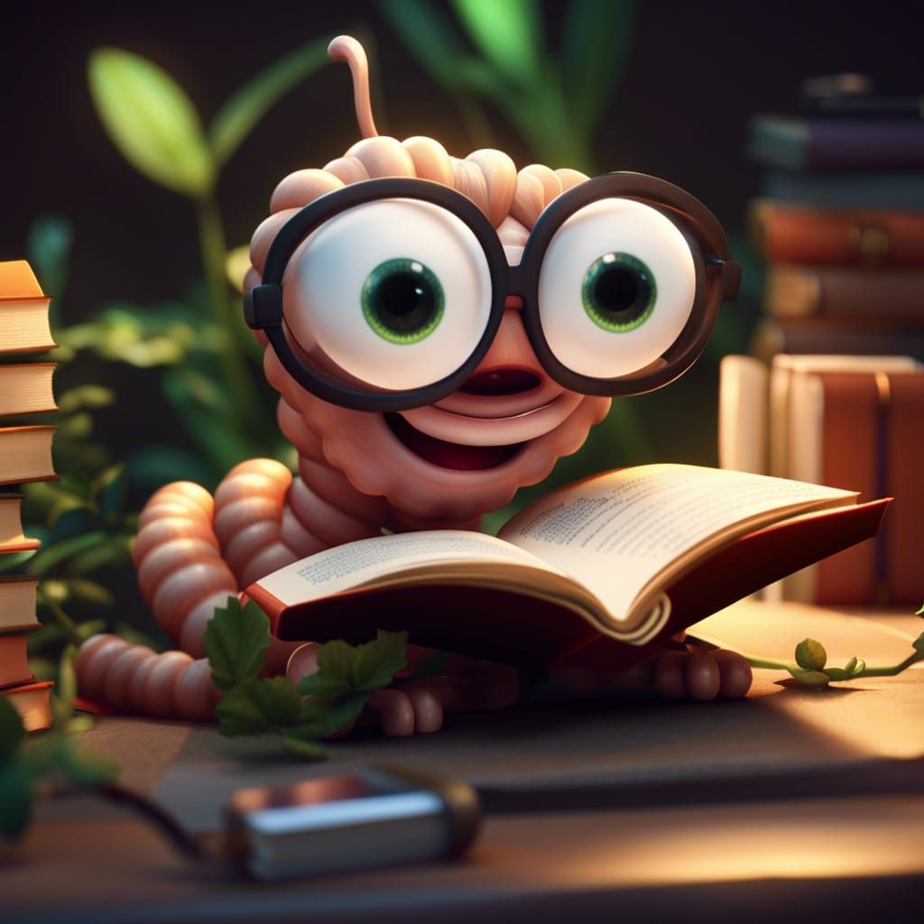 a cute, adorable worm with glasses, eating a book - AI Generated ...
