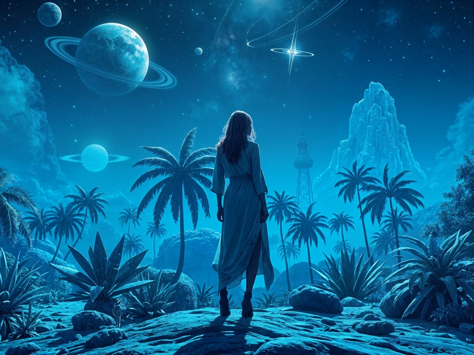 Cerulean Dreams - Monochrome Blue Alien Landscape with Tropi...