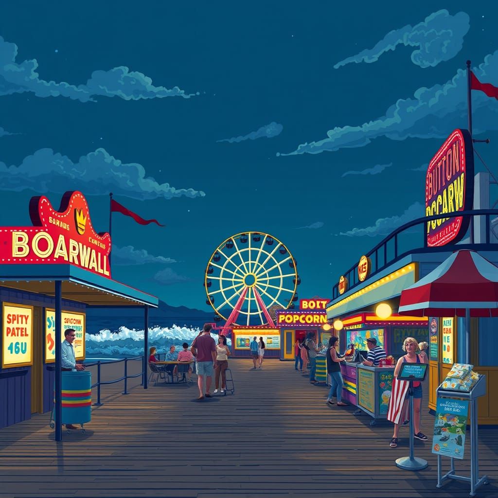 Vibrant Boardwalk Scene at Night in Cartoon Style - AI Art