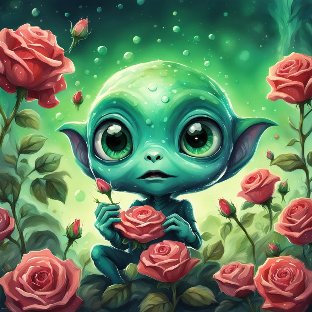 Adorable alien eating solent green, big eyes, roses, adorable ...