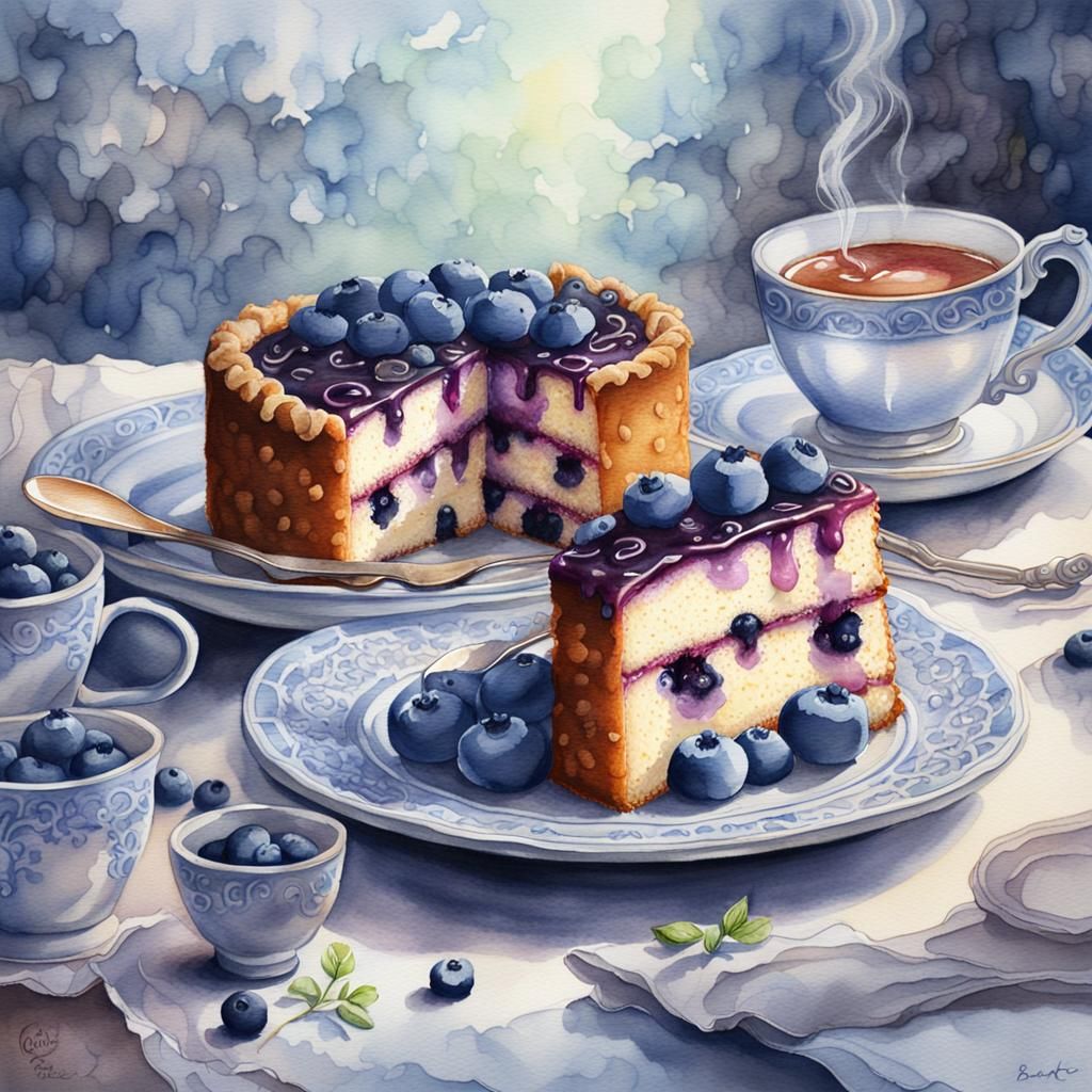 watercolor, drawing, photorealism, realistic, blueberry cake beautiful ...