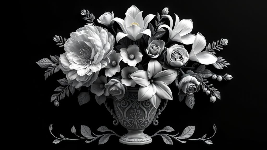 //DRAW High-contrast 3D grayscale relief of an intricately detailed bouquet of flowers ...