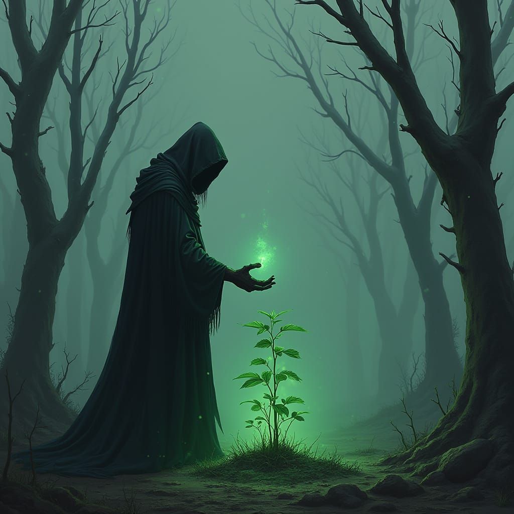Dark Necromancer Revives Life in Ashen Forest - AI Art