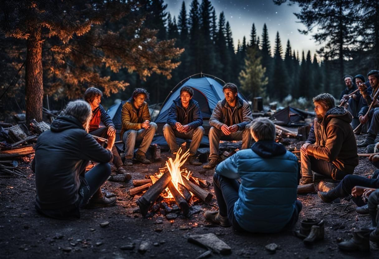 A group of people sitting around a campfire at night. intricate details ...