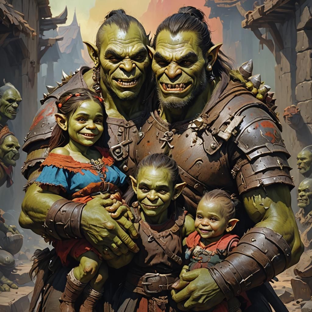 photo realistic, a powerful orc,family of orcs,one gently holding, a female baby orc, in it's ...