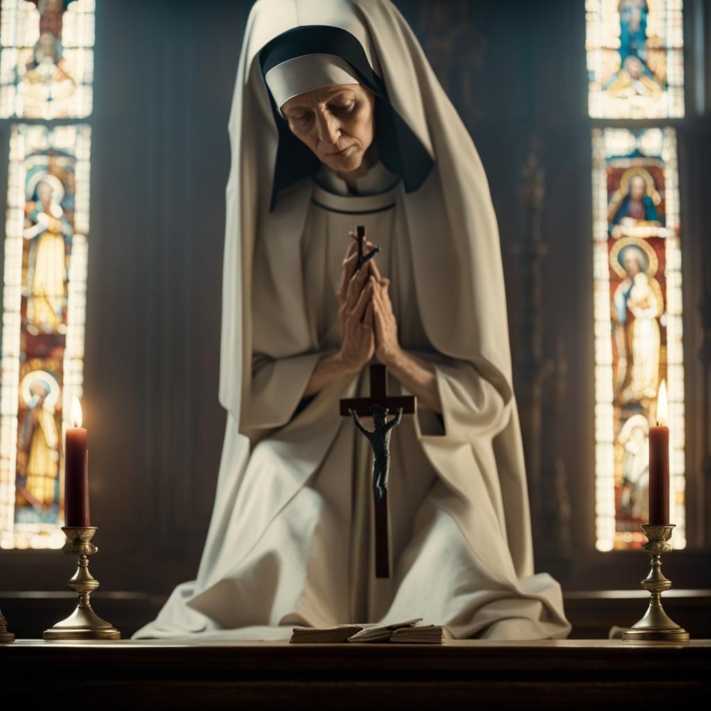 Sister in Devout Prayer Before a Miserere Sculptur... - AI Art