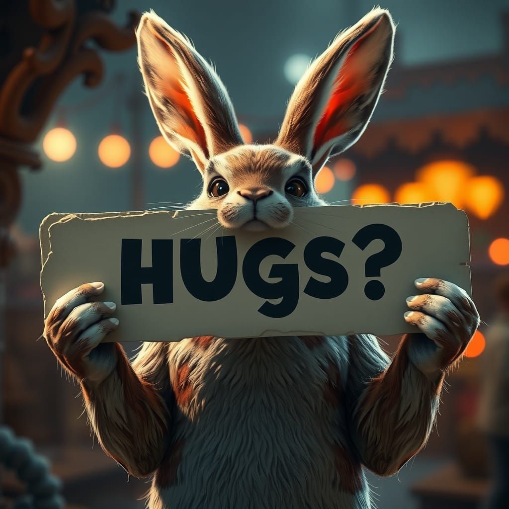 (stunningly handsome sad bunny) holds up a large sign saying "HUGS?" 2 ...